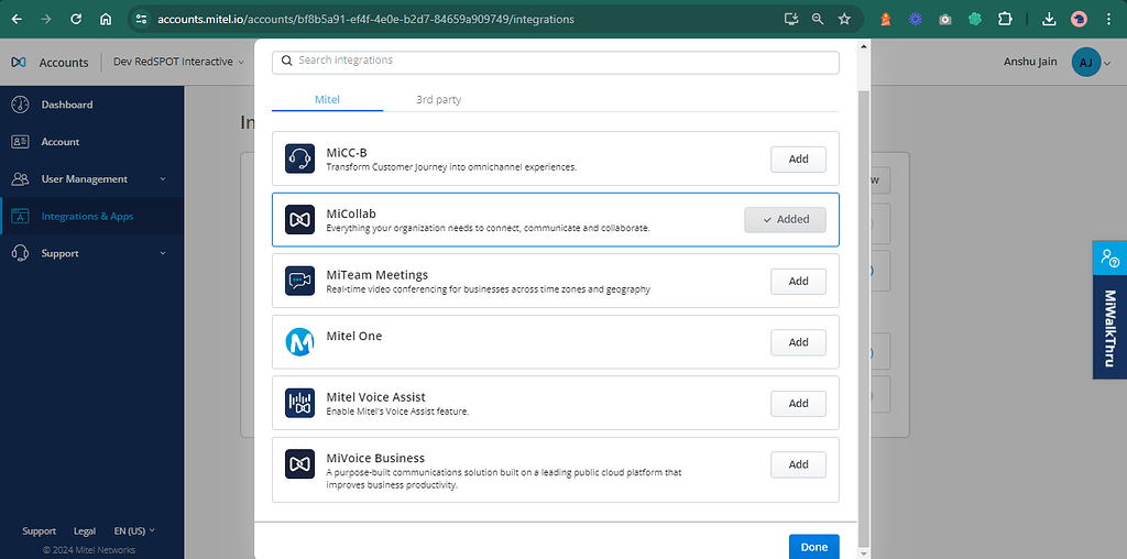 CloudLink gateway is missing from my "Integrations & Apps" - Authentication API - Mitel ...